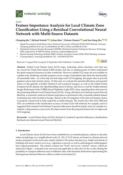 Pdf Feature Importance Analysis For Local Climate Zone Classification Using A Residual
