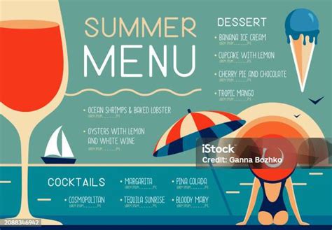 와인 잔 비치 파라솔 아이스크림 및 모자를 쓴 여자가 있는 복고풍 여름 레스토랑 메뉴 디자인 벡터 일러스트 레이 션 갈매기에