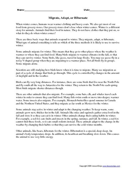 Migrate Adapt Or Hibernate Worksheet For 4th 8th Grade Lesson Planet