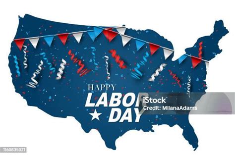 행복한 노동절 파란색 빨간색 및 흰색 국기 색상 번팅 색종이 및 반지와 미국 카운티 모양입니다 축 하 개념입니다 벡터 그림입니다