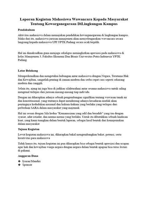 Laporan Kegiatan Mahasiswa Wawancara Kepada Mahasiswa Tentang Kewarganegaraan Dilingkungan