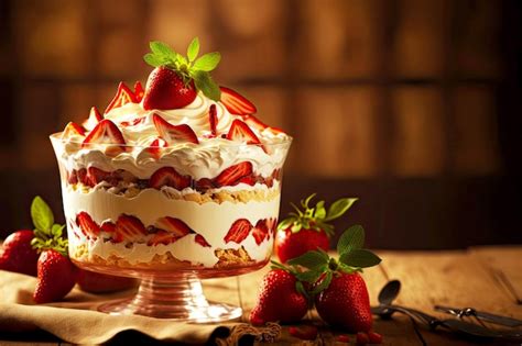 Premium Photo Homemade Cream Strawberry Trifle On Table On Blurry Background