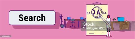 돋보기 돋보기 확대경 직장 사무실 인테리어 전체 길이 스케치 낙서 수평 배너와 검색 개념 소녀를 확대 확대 유리 편지를 들고 있는 여자 개념에 대한 스톡 벡터 아트 및 기타