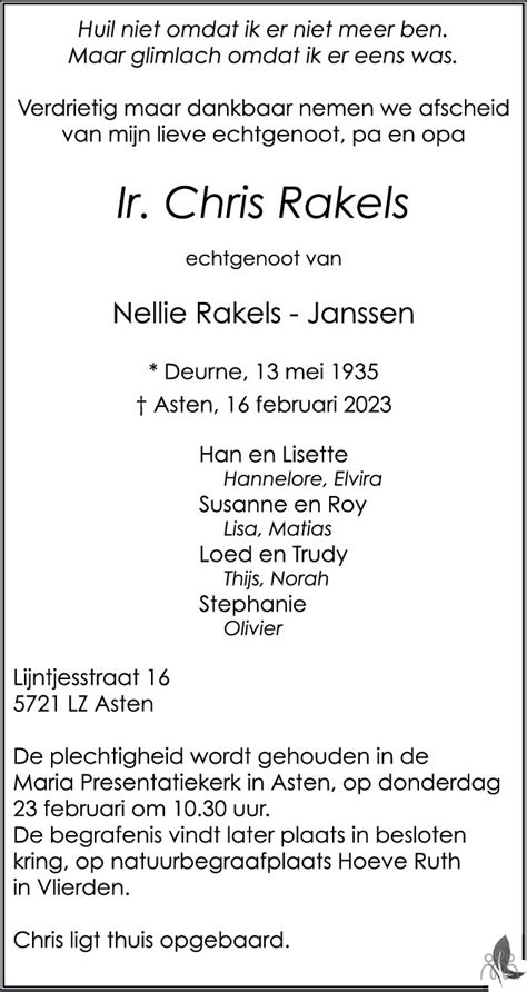 Ir Chris Rakels 16 02 2023 Overlijdensbericht En Condoleances Mensenlinq Nl