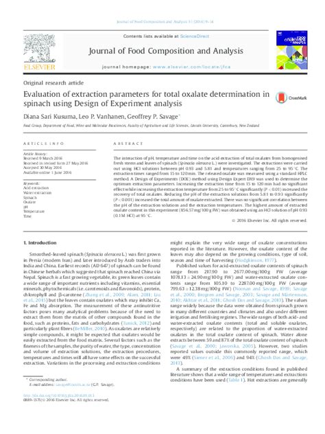 Evaluation Of Extraction Parameters For Total Oxalate Determination In Spinach Using Design Of