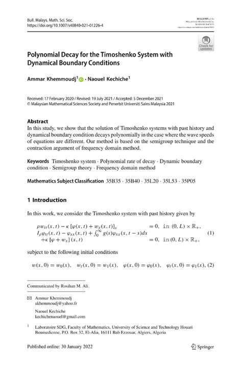 Pdf Polynomial Decay For The Timoshenko System With Dynamical