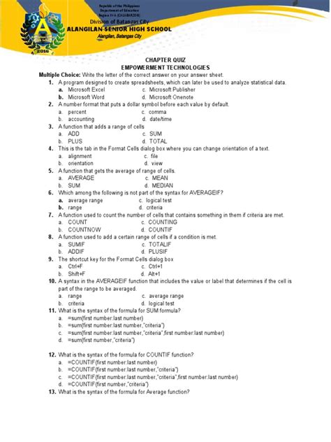 Excel Chapter Quiz Pdf Microsoft Excel Software