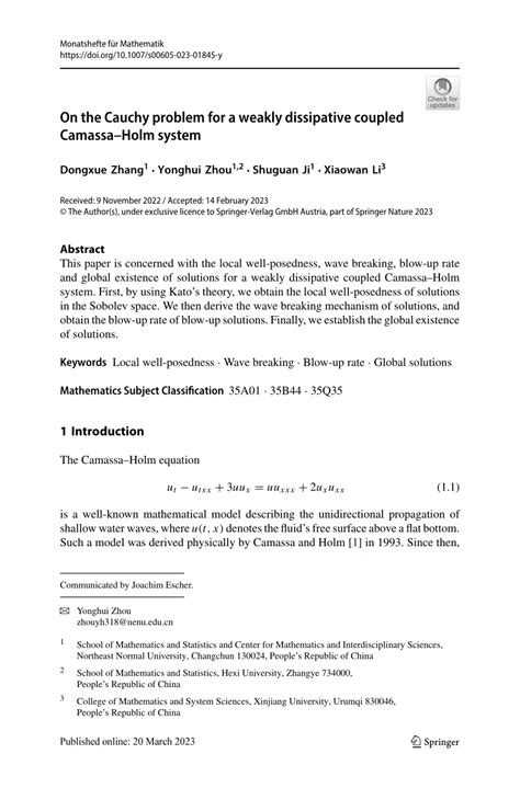 Pdf On The Cauchy Problem For A Weakly Dissipative Coupled Camassaholm System