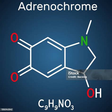 아드레노크롬 아드락손 분자 그것은 아드레날린의 산화에 의해 생산된다 짙은 파란색 배경의 구조적 화학 포뮬러 0명에 대한 스톡 벡터 아트 및 기타 이미지 Istock