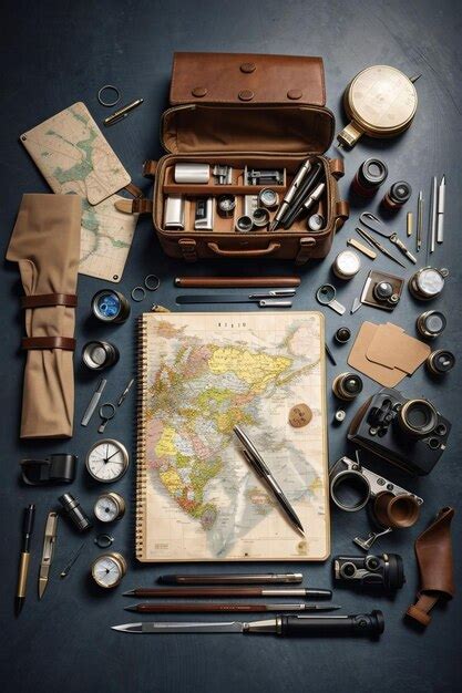 Premium Ai Image Old Map Compass Binoculars And Other Travel Accessories On Dark Background