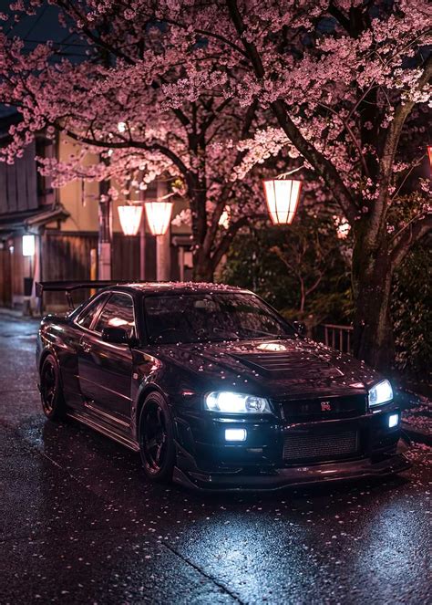 Nissan Skyline R34 Under Cherry Blossoms Poster Picture Metal Print