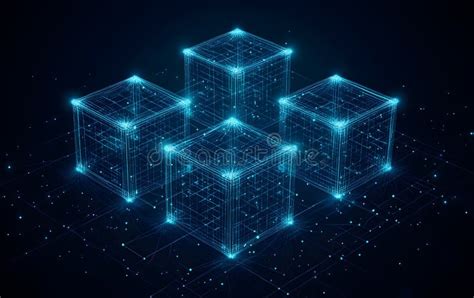 Digital Blockchain Network Concept With Glowing Cubes Wireframe Structure Stock Illustration