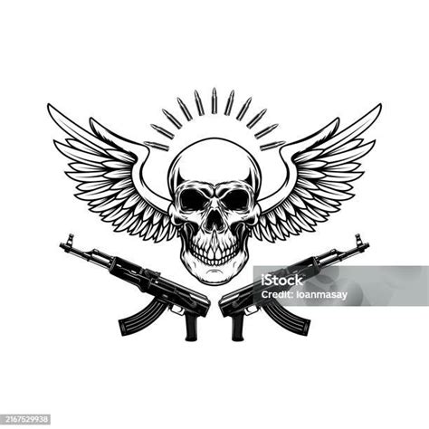 교차된 기관총이 있는 두개골 포스터 티셔츠 엠블럼의 디자인 요소 벡터 일러스트 레이 션 Ak 47 소총에 대한 스톡 벡터 아트 및 기타 이미지 Istock