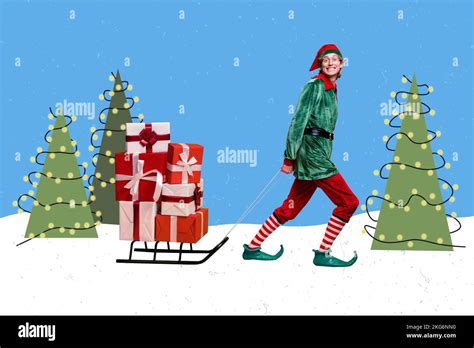 Collage Portrait Of Positive Cheerful Elf Guy Pull Sledge Pile Stack