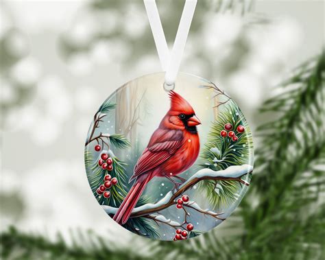Snowy Red Cardinal Christmas Ornament Sublimation Design Instant