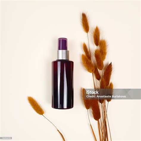 아이보리 테이블에 브랜드가 없는 갈색 플라스틱 스프레이 병 갈색 허브의 모형 상단 보기 플랫레이 모형 의약품 또는 화장품 의 브랜딩을위한 화장품 병 용기 천연 유기농 스파