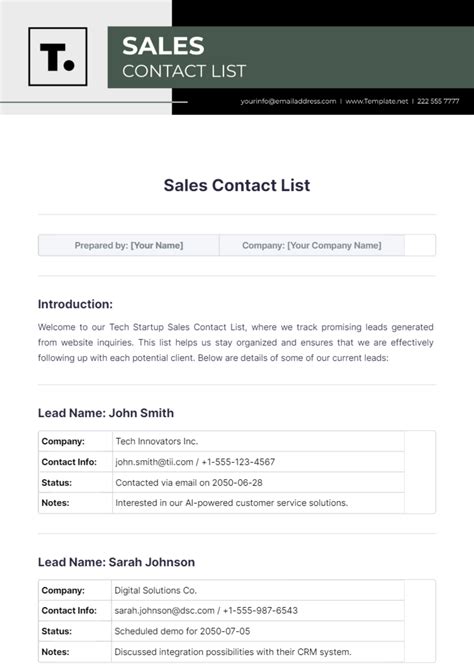 Free Contact List Templates Editable And Printable