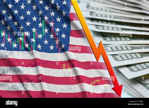 United States Of America Flag And Chart Falling Us Dollar Position With