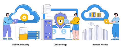 클라우드 컴퓨팅 데이터 저장 캐릭터가 있는 원격 액세스 개념 디지털 인프라 추상 벡터 일러스트레이션 세트입니다 확장성 효율성