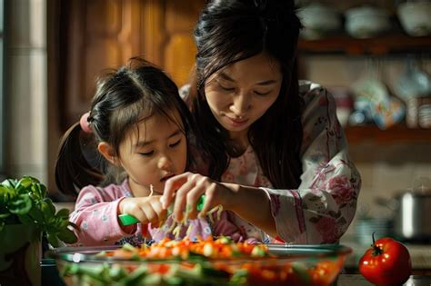 Asian Mother Teaching Her Daughter Shredded Vegetable Salad Premium