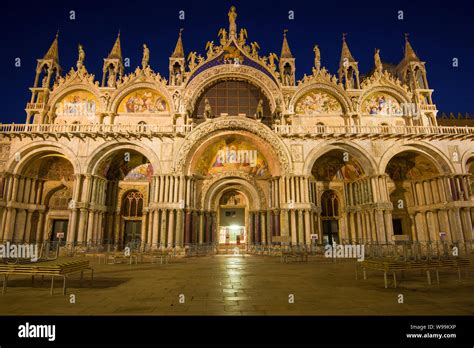 Facade Of St Mark Basilica Close Up In Night Illumination Venice