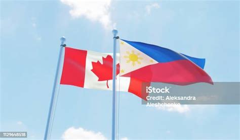 필리핀과 캐나다 물결치는 푸른 하늘에 대 한 두 개의 플래그 0명에 대한 스톡 사진 및 기타 이미지 0명 3차원 형태 국가 관광명소 Istock