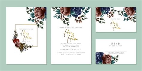 럭셔리 아름다운 꽃 결혼식 초대 카드 배경 템플릿 프리미엄 벡터