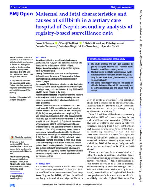 Pdf Maternal And Fetal Characteristics And Causes Of Stillbirth In A Tertiary Care Hospital Of