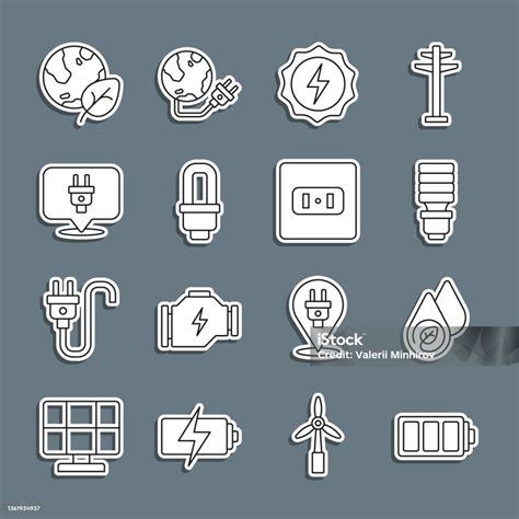 세트 라인 배터리 물 에너지 Led 전구 번개 볼트 전기 플러그 지구 지구 및 잎 및 전기 콘센트 아이콘 벡터 Led 조명에