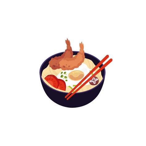 Udon Noodle Soup With Shrimp Tempura Asian Food Vector Illustration