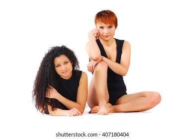 75 Black White Image Seductive Lesbian Couple Lingerie Royalty Free