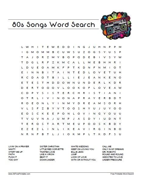 80s Songs Word Search Free Printable
