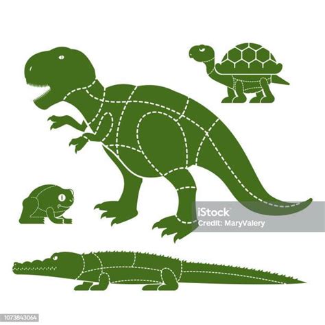 고기 세트 짐승의 커트 거북이 개구리의 다른 부분 고기 계획 라인 실루엣 어떻게 잘라내기로 악어와 공룡 육체 고기에 대 한 포스터 정육점 다이어그램을 저장합니다 바베 큐