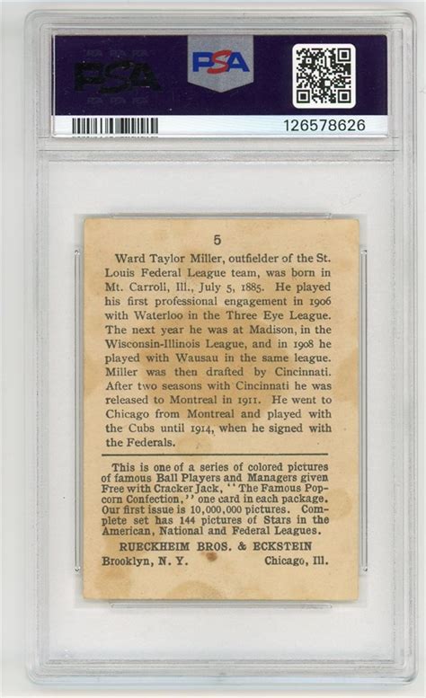 Collector Investor Auctions 1914 Cracker Jack 5 Ward Miller Psa 1