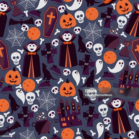 할로윈 원활한 패턴 벡터 일러스트레이션 할로윈 뱀파이어 드라큘라 두개골 거미줄 호박과 유령의 전통적인 상징과 종이 인쇄 디자인