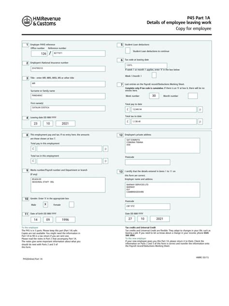 P45 Part 1a Details Of Employee Leaving Work Pdf Payroll Tax Personal Finance