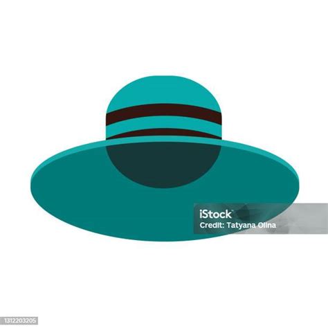 넓은 챙이 있는 파란색 모자 여름 머리 장식 챙이 넓은 모자 플랫 만화 스타일의 벡터 일러스트레이션 개인 장식품에 대한 스톡