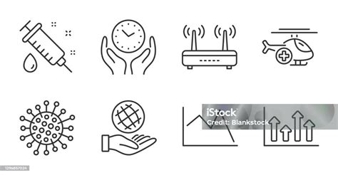 의료 주사기 안전한 행성 및 상부 화살표 아이콘 세트 와이파이 의료 용 헬리콥터 및 코로나 바이러스 표지판 벡터 0명에 대한 스톡 벡터 아트 및 기타 이미지 Istock