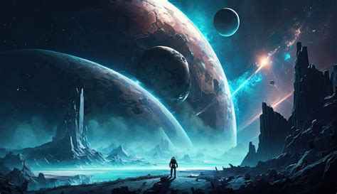 Premium Photo A Man Stands On A Frozen Planet With Planets In The