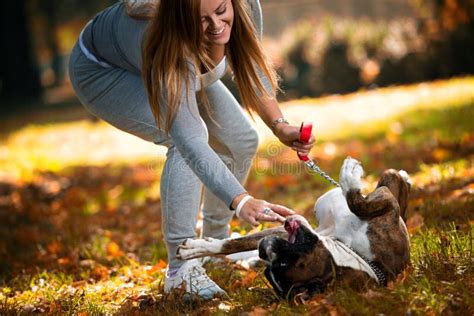 N Rbild Av Unga Kvinnor Med Hennes Hund Arkivfoto Bild Av Kamera Hund