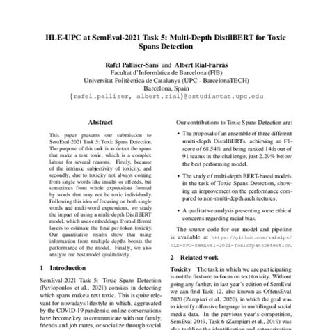 Hle Upc At Semeval 2021 Task 5 Multi Depth Distilbert For Toxic Spans Detection Acl Anthology