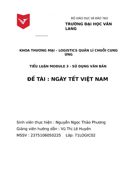 Luận luận k BỘ GIÁO DỤC VÀ ĐÀO TẠO TRƯỜNG ĐẠI HỌC VĂN LANG KHOA THƯƠNG MẠI LOGISTICS
