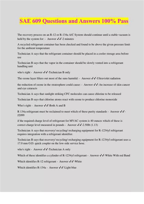 Sae 609 Questions And Answers 100 Pass Epa 609 Stuvia Us