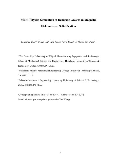 Pdf Multi Physics Simulation Of Dendritic Growth In Magnetic Field Assisted Solidification