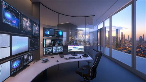 Modern Office Workspace With Multiple Screens Showcasing Data Analysis And A Stunning City