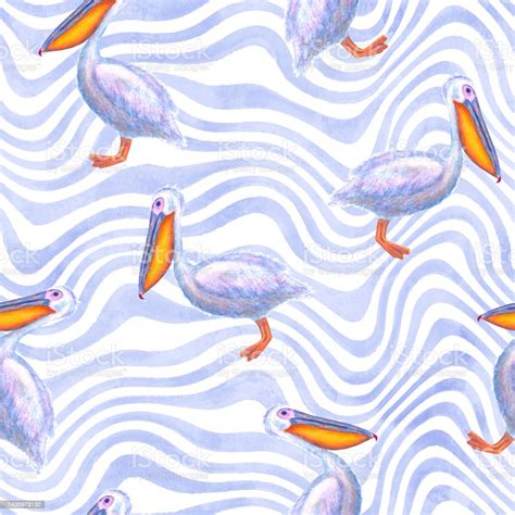 수채화 블루 네이비 손으로 그린 펠리컨 이음새가 없는 패턴 강에 대한 스톡 벡터 아트 및 기타 이미지 강 곡선 곤색 Istock