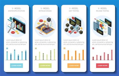코드 및 기어 아이콘이 있는 수직 배너의 V 모델 소프트웨어 개발 아이소메트릭 세트 클릭 가능한 버튼 벡터 그림 무료 벡터