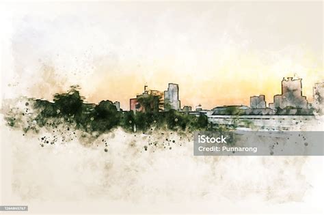 수채화 일러스트 페인팅 배경에 저녁에 도시에서 추상적 인 다채로운 건물 0명에 대한 스톡 사진 및 기타 이미지 0명 건물