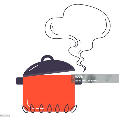 끓는 냄비 냄비 냄비 끓는 물 요리 벡터 평면 그래픽 디자인 요소 개념 그림 팬 주방용구에 대한 스톡 벡터 아트 및 기타 이미지 팬 주방용구 연기 물리적 구조 증기