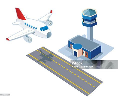공항 터미널 및 관제탑 비행기 착륙 일러스트레이션에 대한 스톡 벡터 아트 및 기타 이미지 일러스트레이션 활주로 건축 Istock